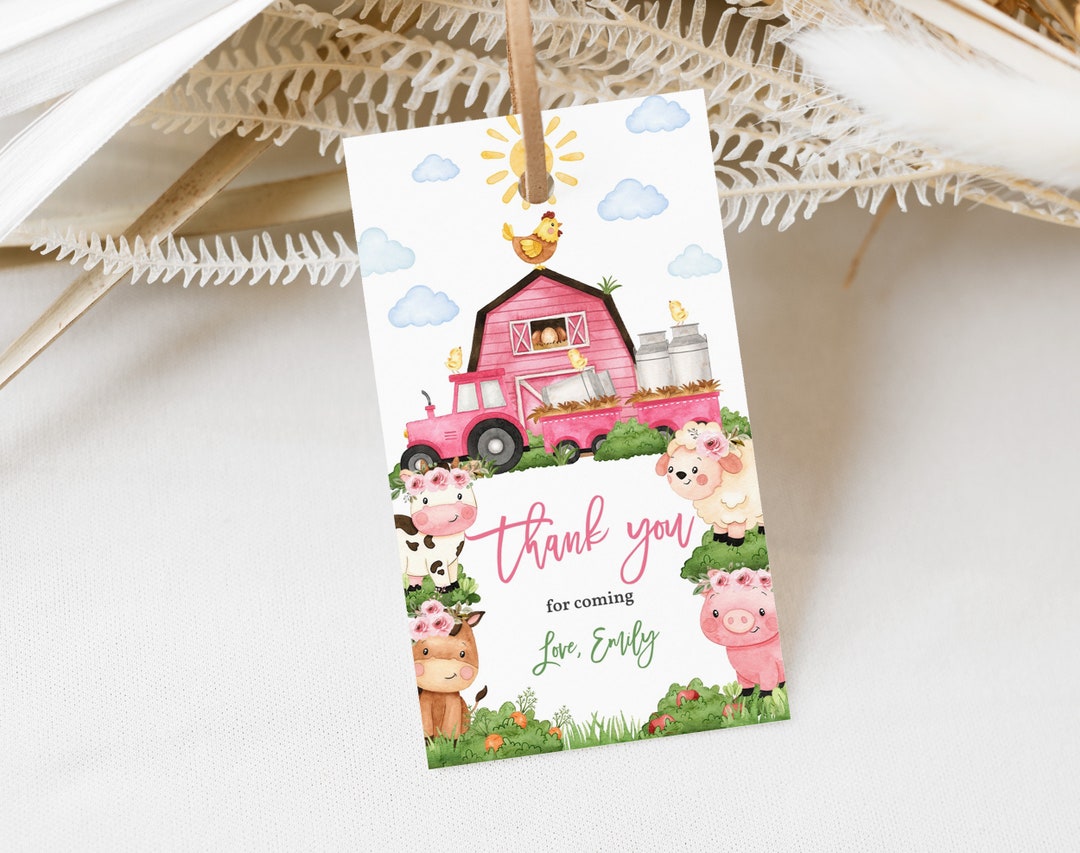 Farm Baby Shower Favor Tags Barn Animals Girl Birthday Gift Tags Pink ...