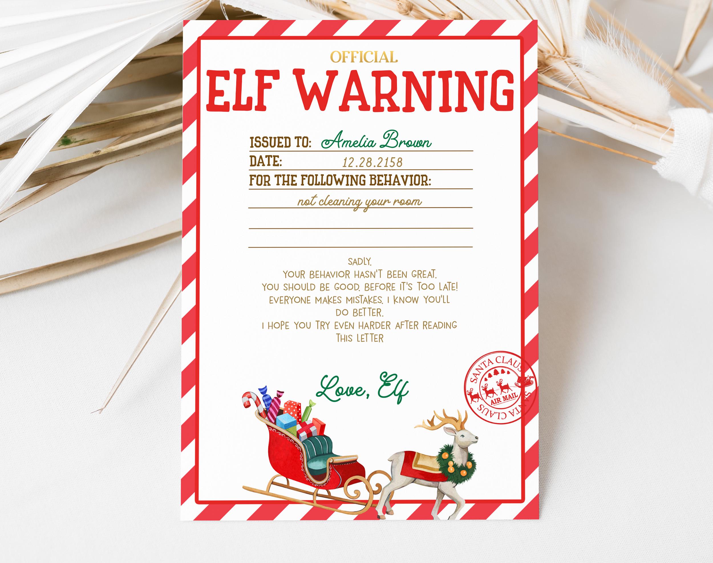 Elf Warning Letter, Elf Behavior Letter, Elf Naughty Letter, Elf Letter ...