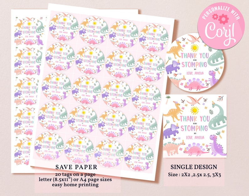 Pastel Dinosaur Favor Tags Girl 1st Birthday Party Favors Cute Dino ...