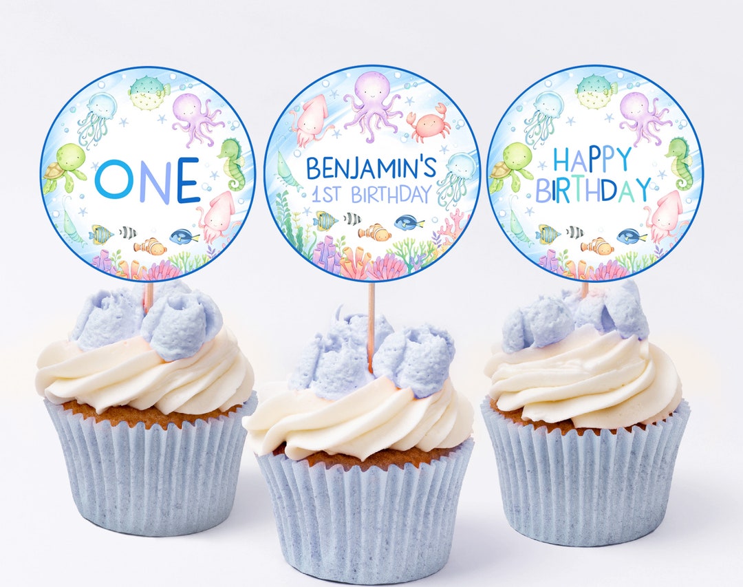 Under the Sea Cupcake Toppers Ocean Animals Boy 1st First Birthday ...