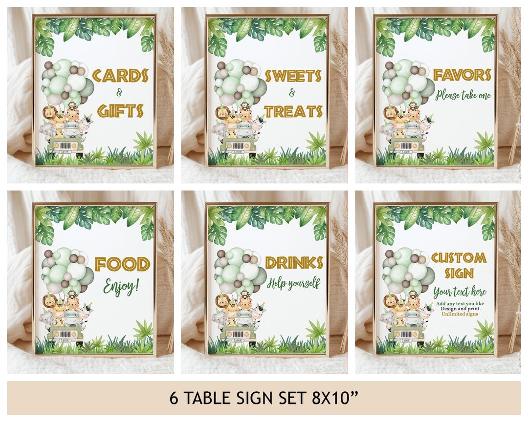 Safari Birthday Table Signs Set Jungle Baby Shower Custom Sign Bundle ...