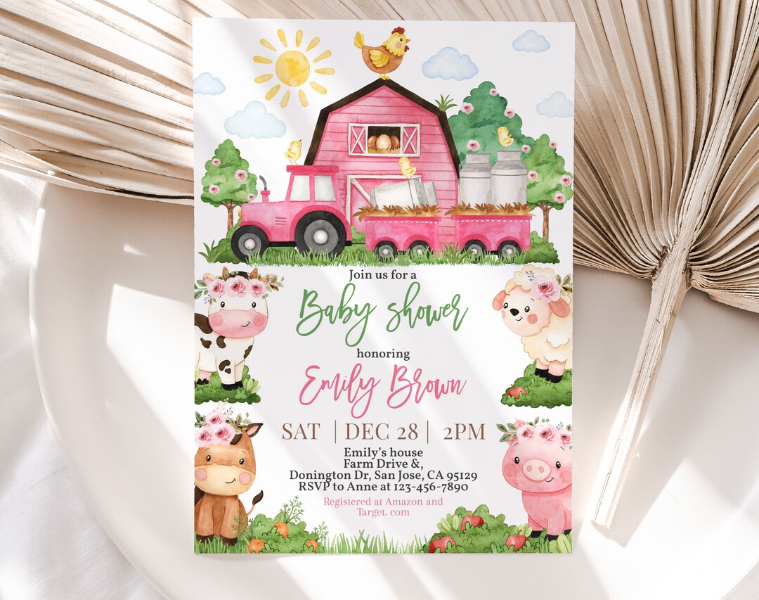 Farm Baby Shower Invitation Barn Animals Baby Shower Invite Girl Pink ...