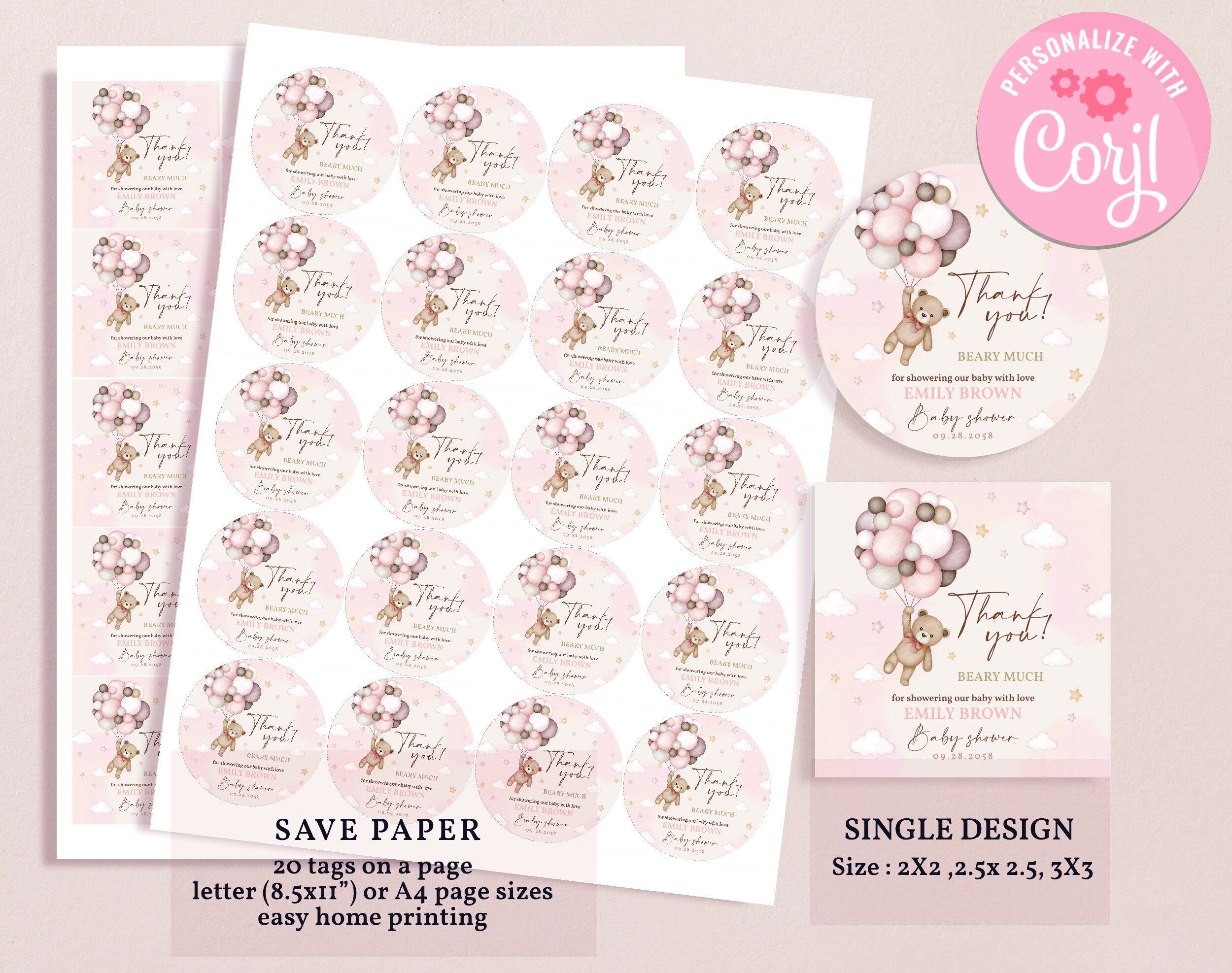 Teddy Bear Favor Tags Fall Baby Shower Gift Tags Boho Cute Pink Blush ...