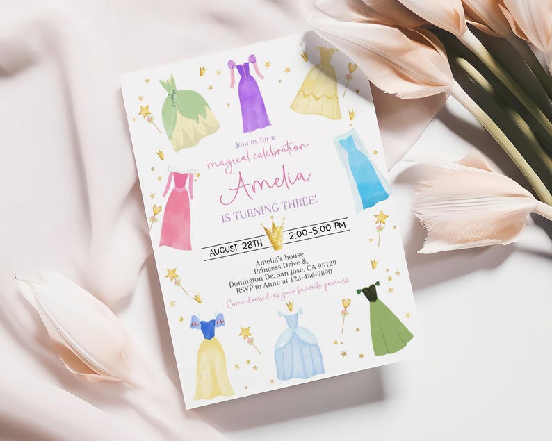 Princess Birthday Invitation, Once Upon a Time Princess Dresses Invite ...