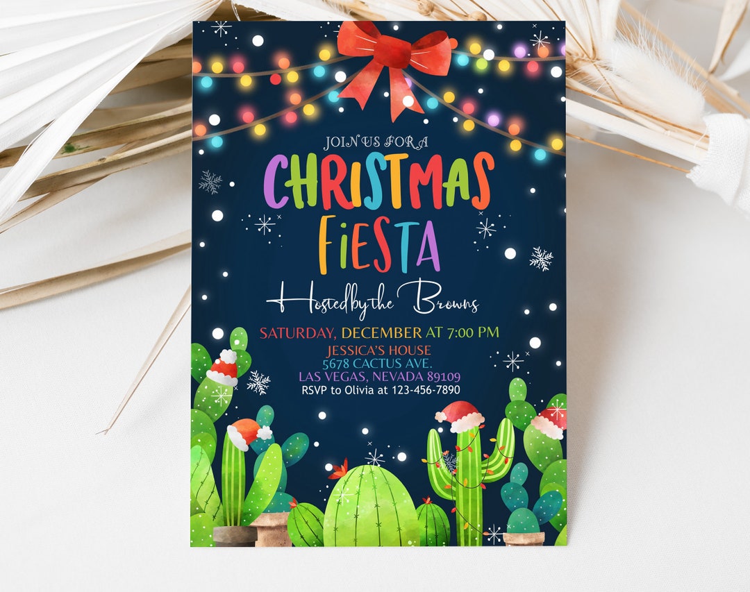 Christmas Fiesta Invitation, Mexican Cactus Christmas Party Invite ...