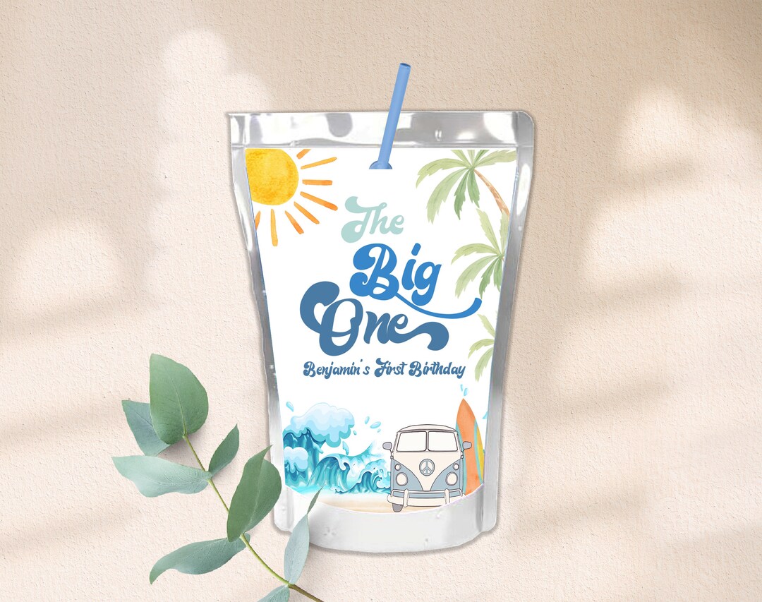 The Big One Surf Birthday Juice Pouch Labels Boy Surfs up 1st Birthday ...