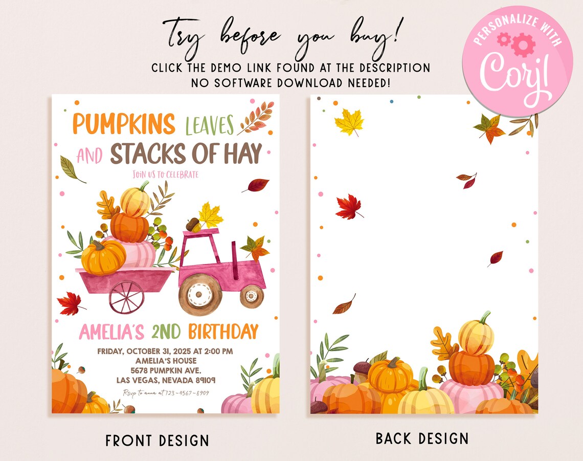 Little Pumpkin Truck Birthday Invitation Fall Pumpkin Patch Invite Girl ...