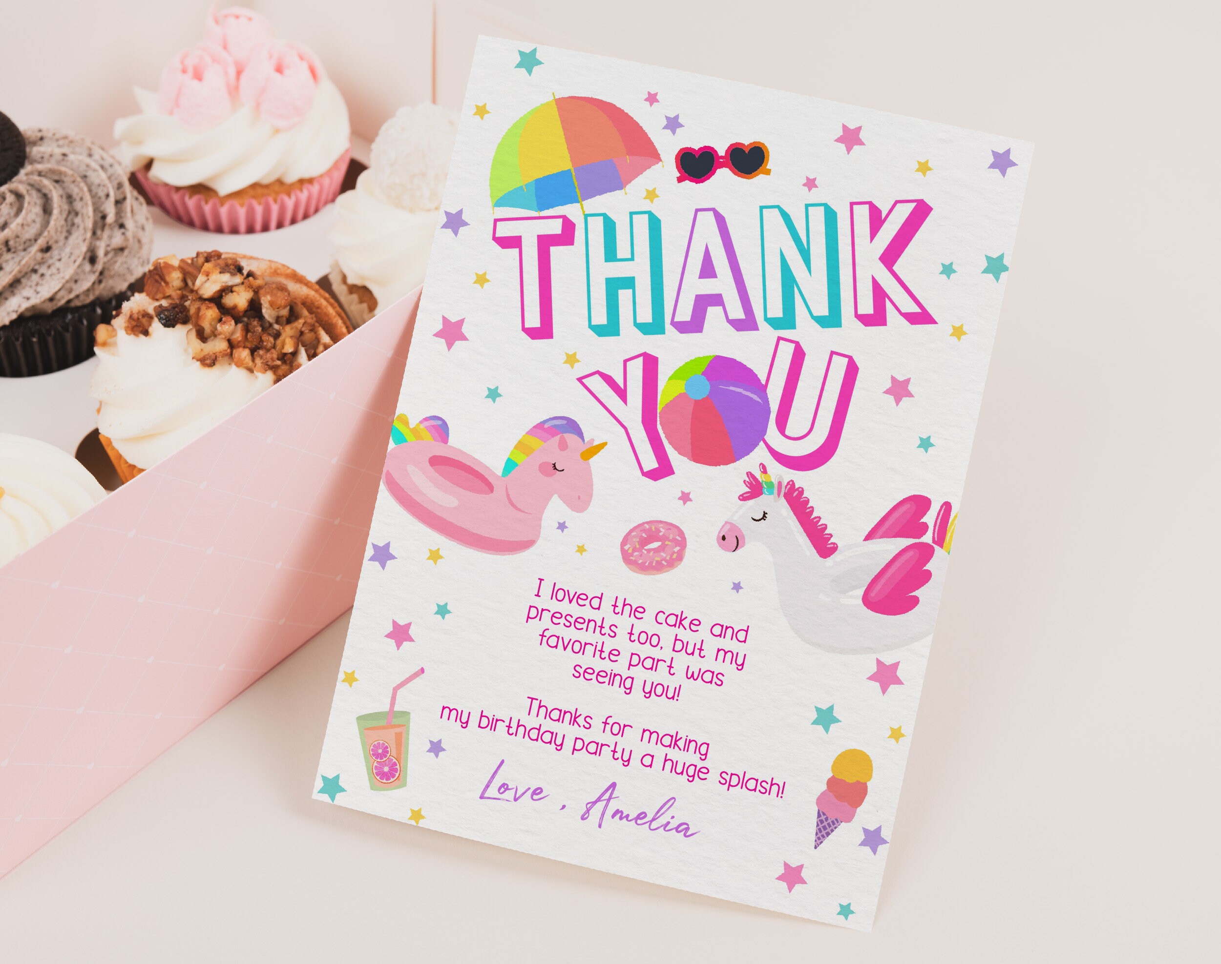 Unicorn Birthday Thank You Notes Pretty Pink Purple Unicorn Party