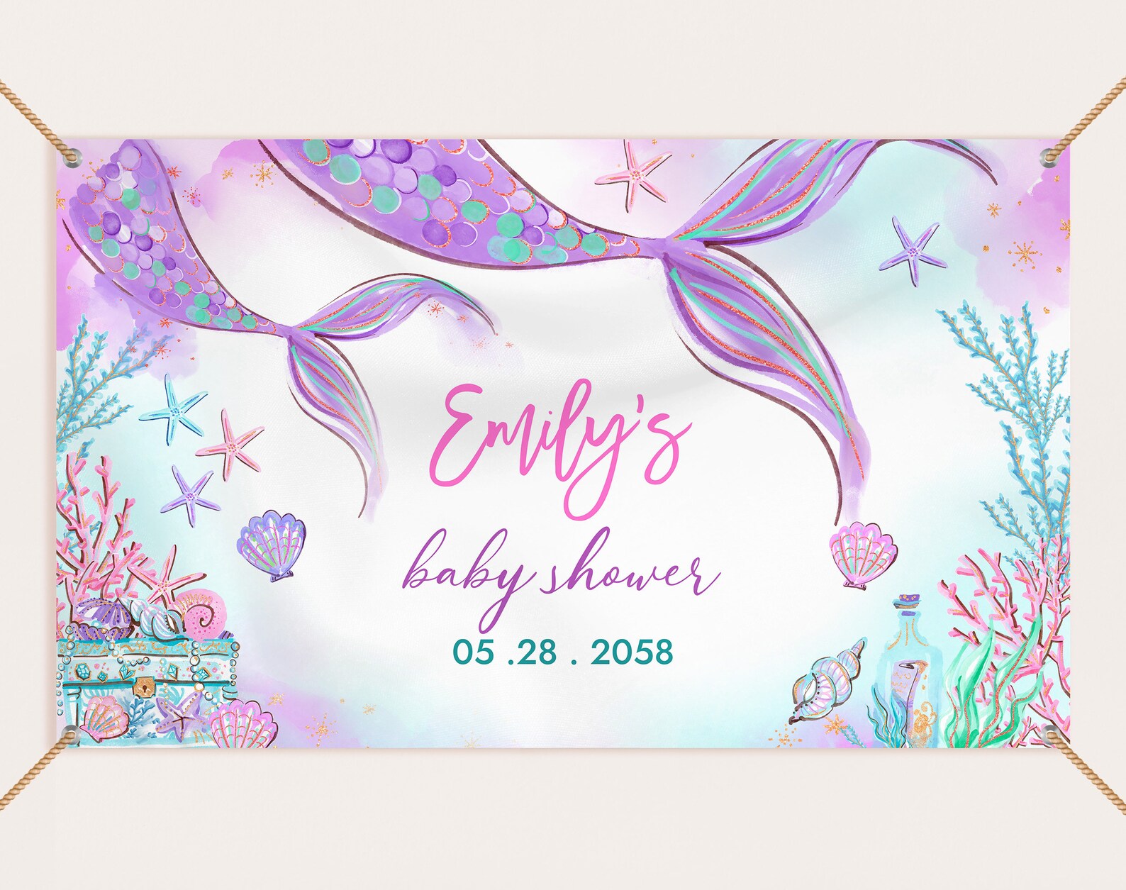 Mermaid Baby Shower Backdrop Banner Under the Sea Gender Neutral Party ...