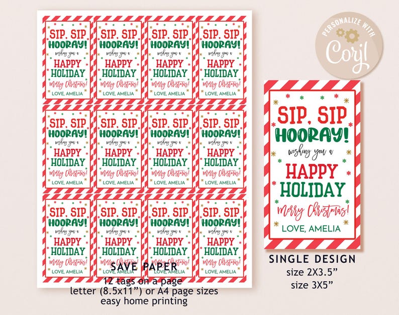 Sip Sip Hooray Wishing You a Happy Holiday Tag Christmas Party Gift ...
