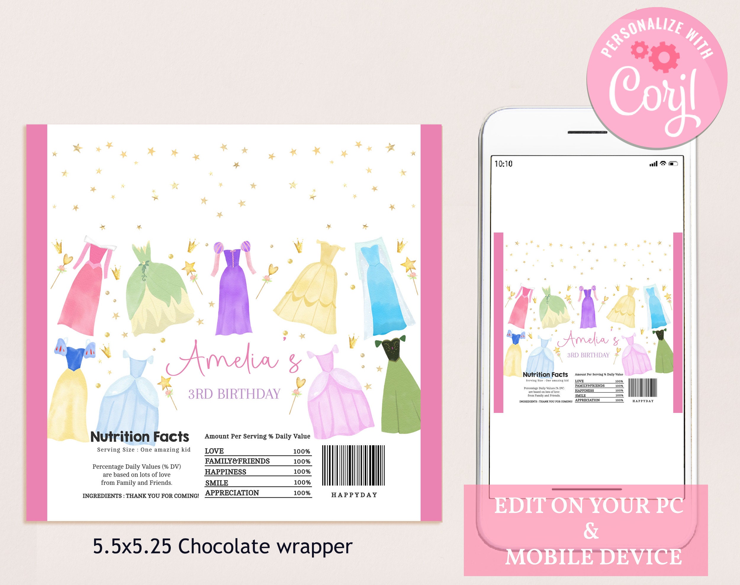 Princess Birthday Chocolate Wrapper Once Upon a Time Princess Dresses ...