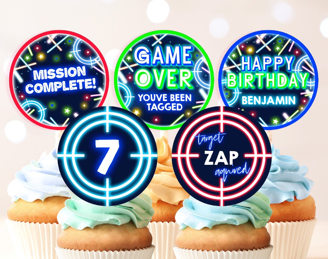 Laser Tag Cupcake Toppers Birthday Party Favor Neon Glow Arcade Decor ...