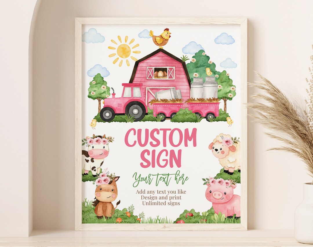 Farm Baby Shower Custom Sign Barn Animals Birthday Party Decor Pink ...