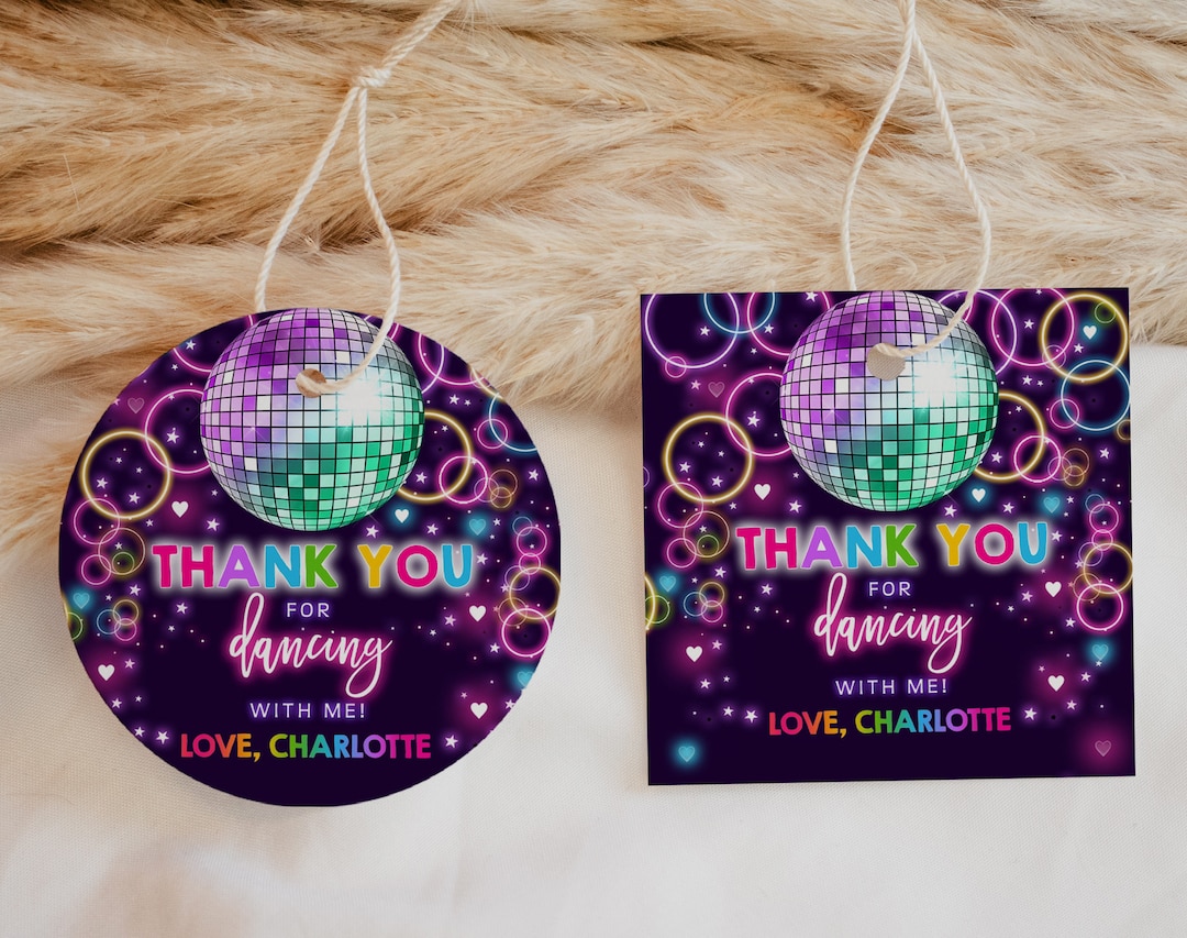 Disco Party Gift Tags Neon Glow Dance Party Favor Tag Boy Girl Birthday ...