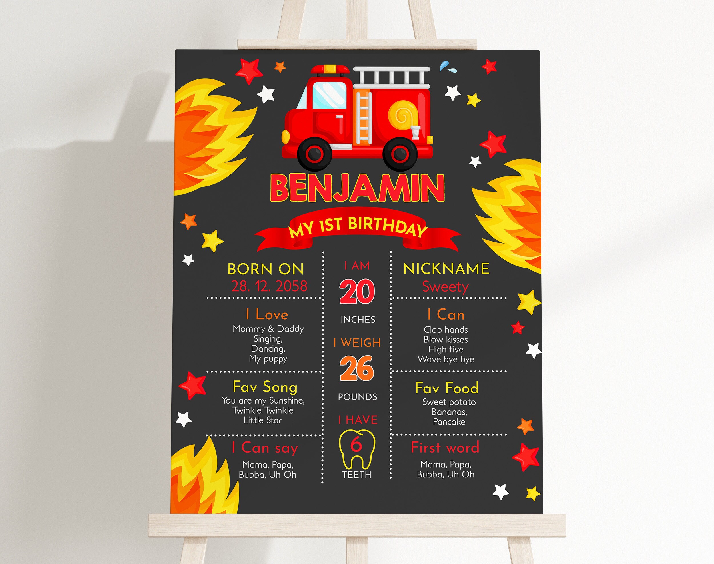 Firetruck Milestone Board Sign Girl Boy 1st First Birthday Party Decor ...
