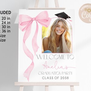 Pink Bow Graduation Photo Welcome Sign Coquette Grad Party Decor ...