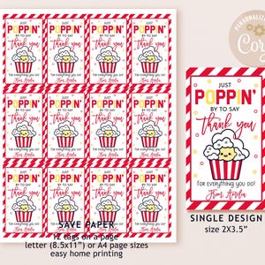 Just Poppin' by to Say Thank You Popcorn Gift Tag Teacher Appreciation ...