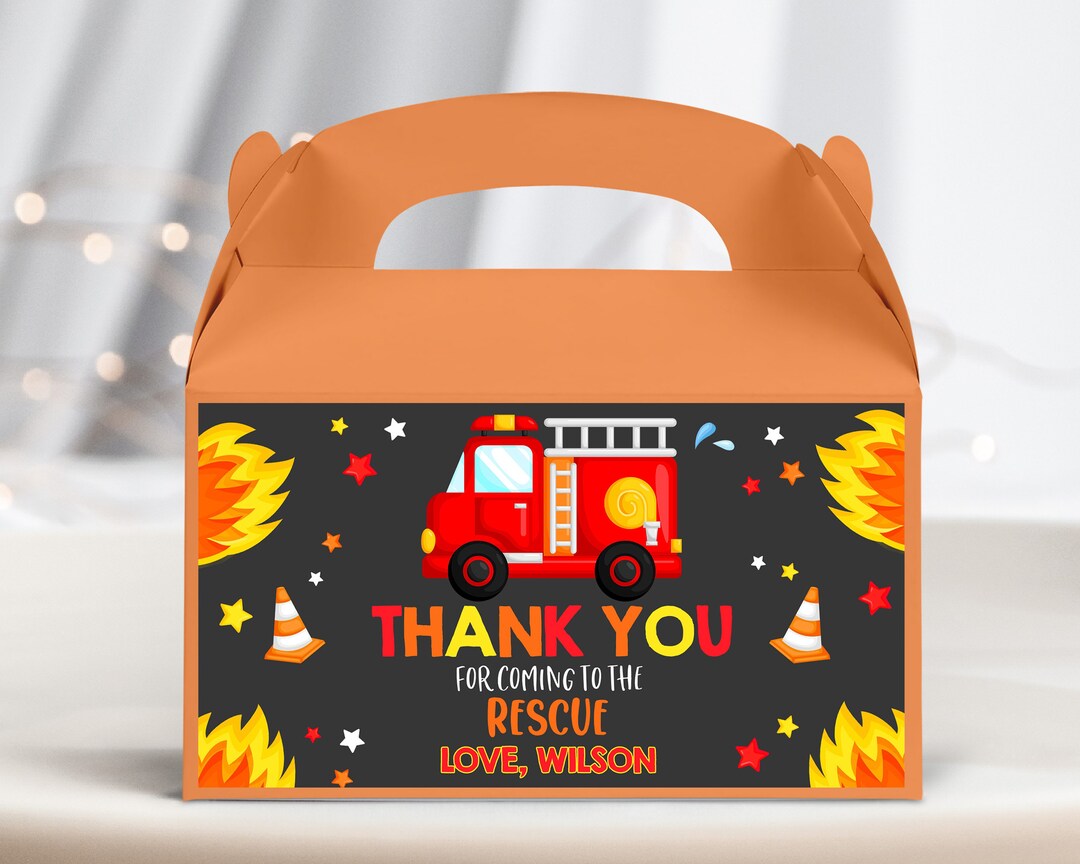 Firetruck Gable Box Label Boy 1st First Birthday Party Favors Fireman ...