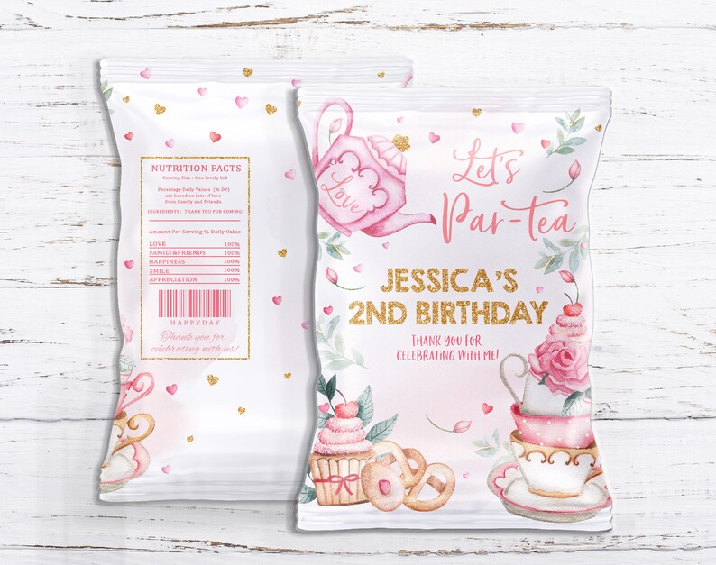 Tea Party Birthday Chip Bag Labels Girl 1st Birthday Decor Gold Blush ...