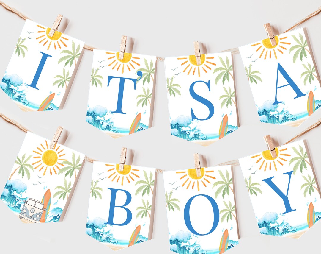 Surf Baby Shower Banner Baby on Board Surfing Beach Party Decor Retro ...