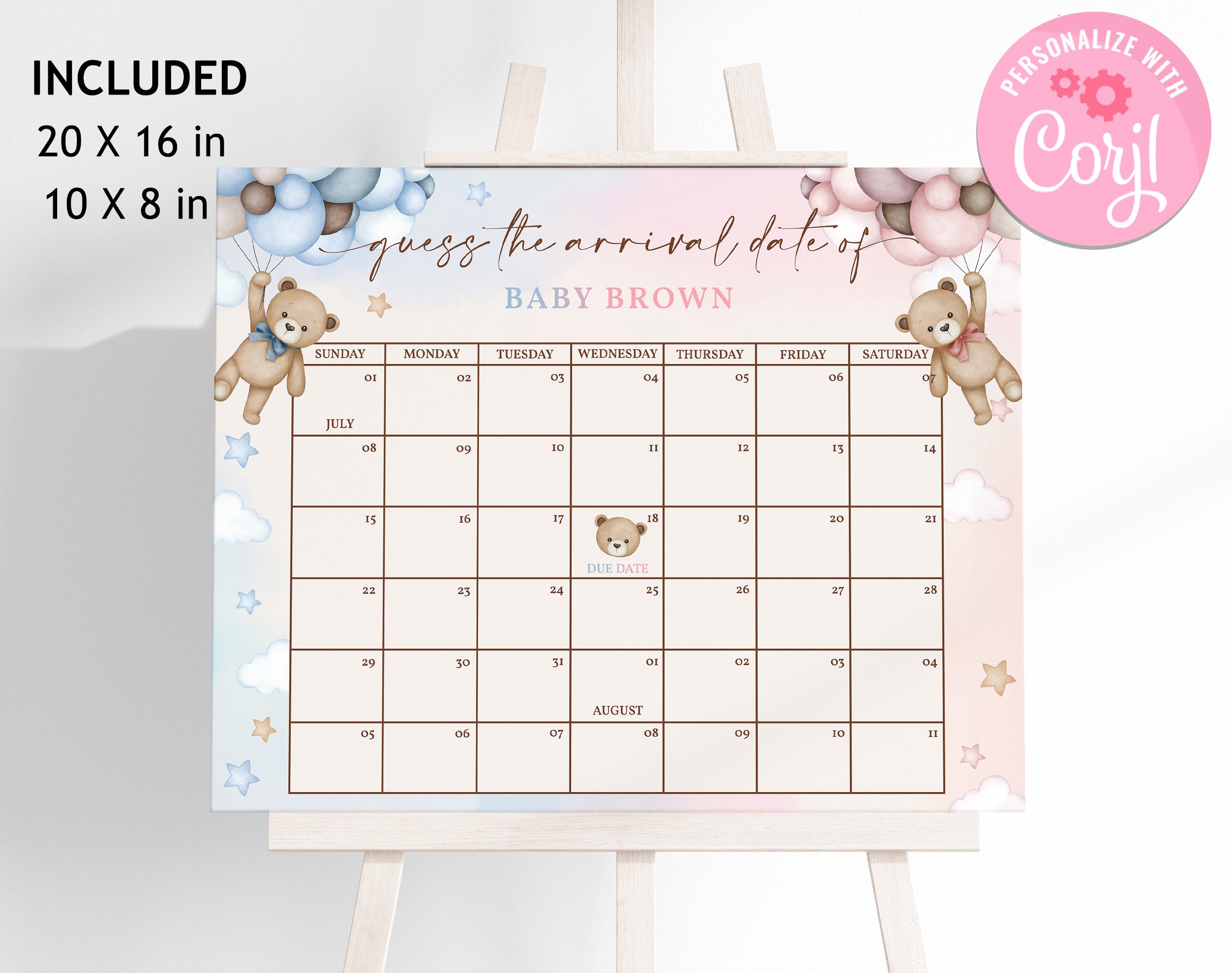 Teddy Bear Baby Shower Due Date Calendar Game Guess Baby's Birthday ...