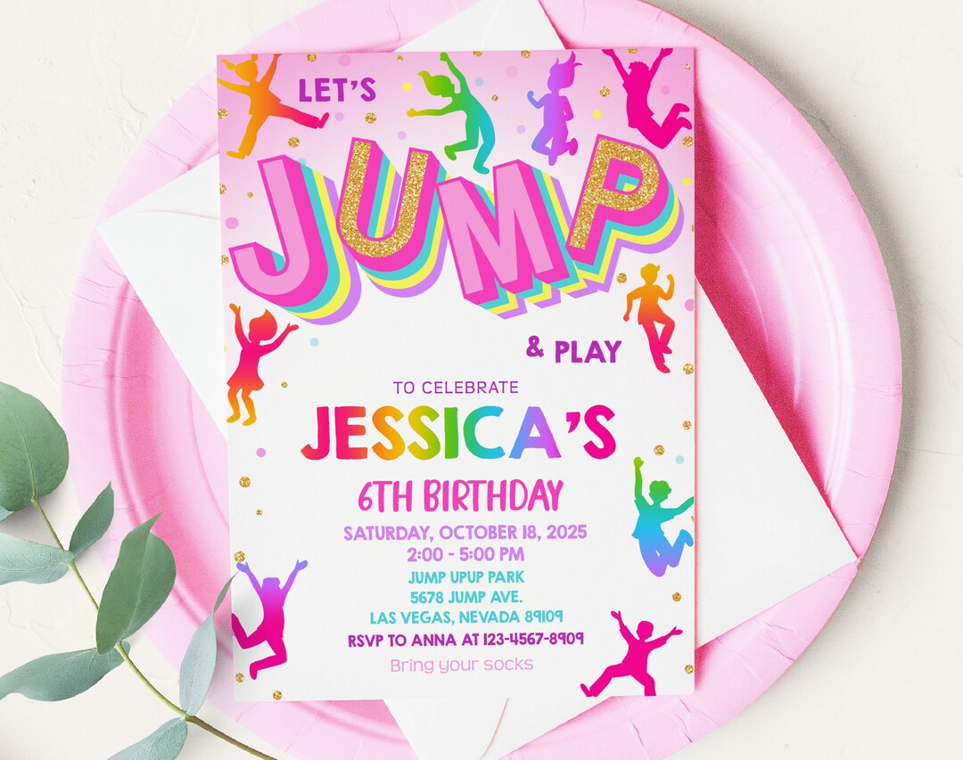Jump Invitation Birthday Party Invite Trampoline Bounce Let's House Boy ...