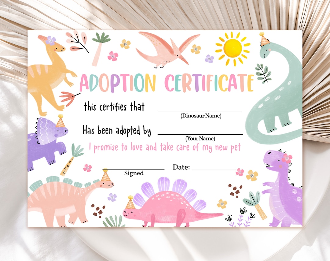 Pastel Dinosaur Adoption Certificate Adopt a Dinosaur Boy Girl 1st ...