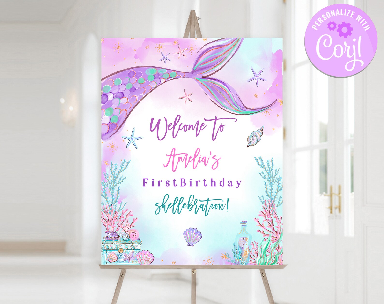 Mermaid Welcome Sign Girl 1st Birthday Party Decor Under the Sea Poster ...