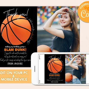 Basketball Photo Thank You Card Boy Girl Birthday Party Sports Team All ...