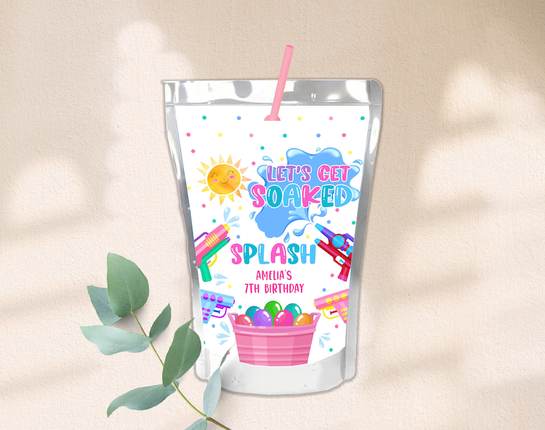 Water Balloon Juice Pouch Labels Water Gun Birthday Decor Let's Get ...