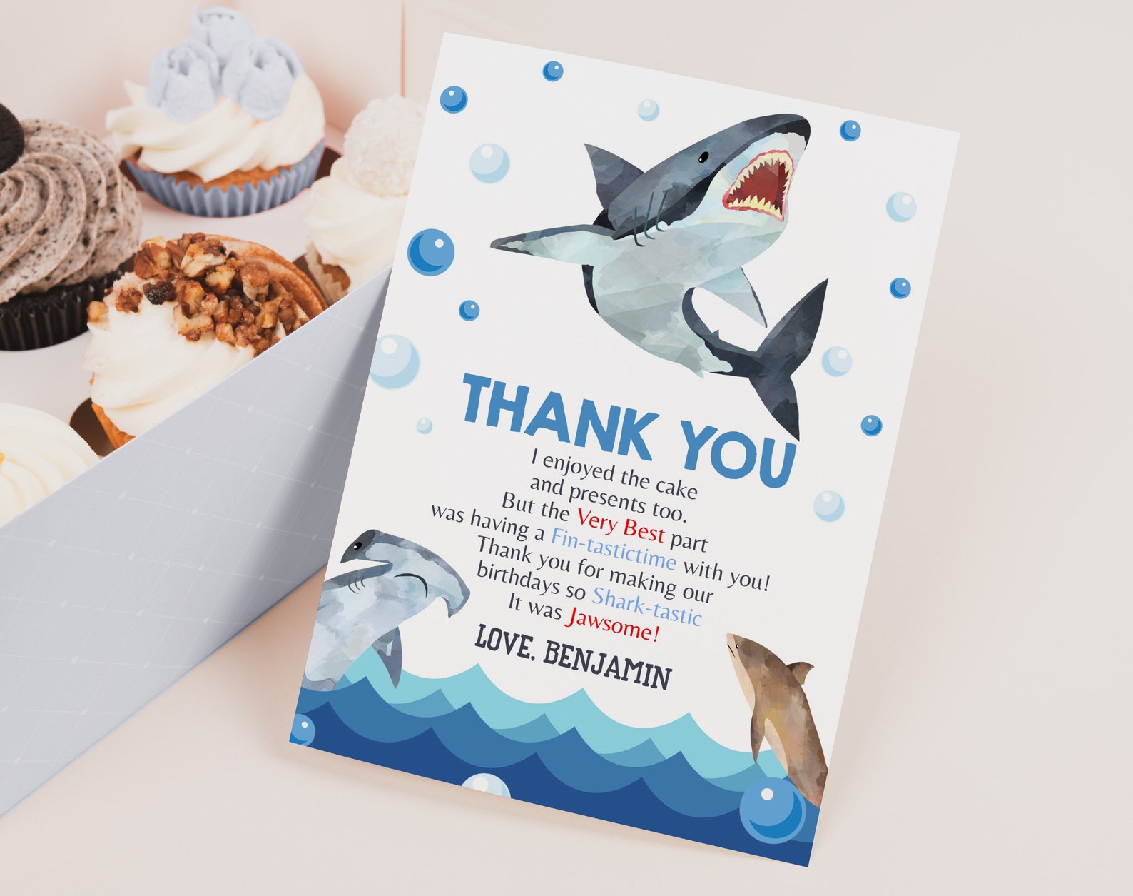 Shark Birthday Thank You Card Nautical Baby Shower Thank You Note Under ...