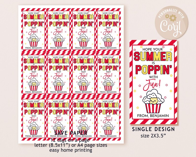 Hope Your Summer is Poppin' With Fun Popcorn Gift Tag End of School ...