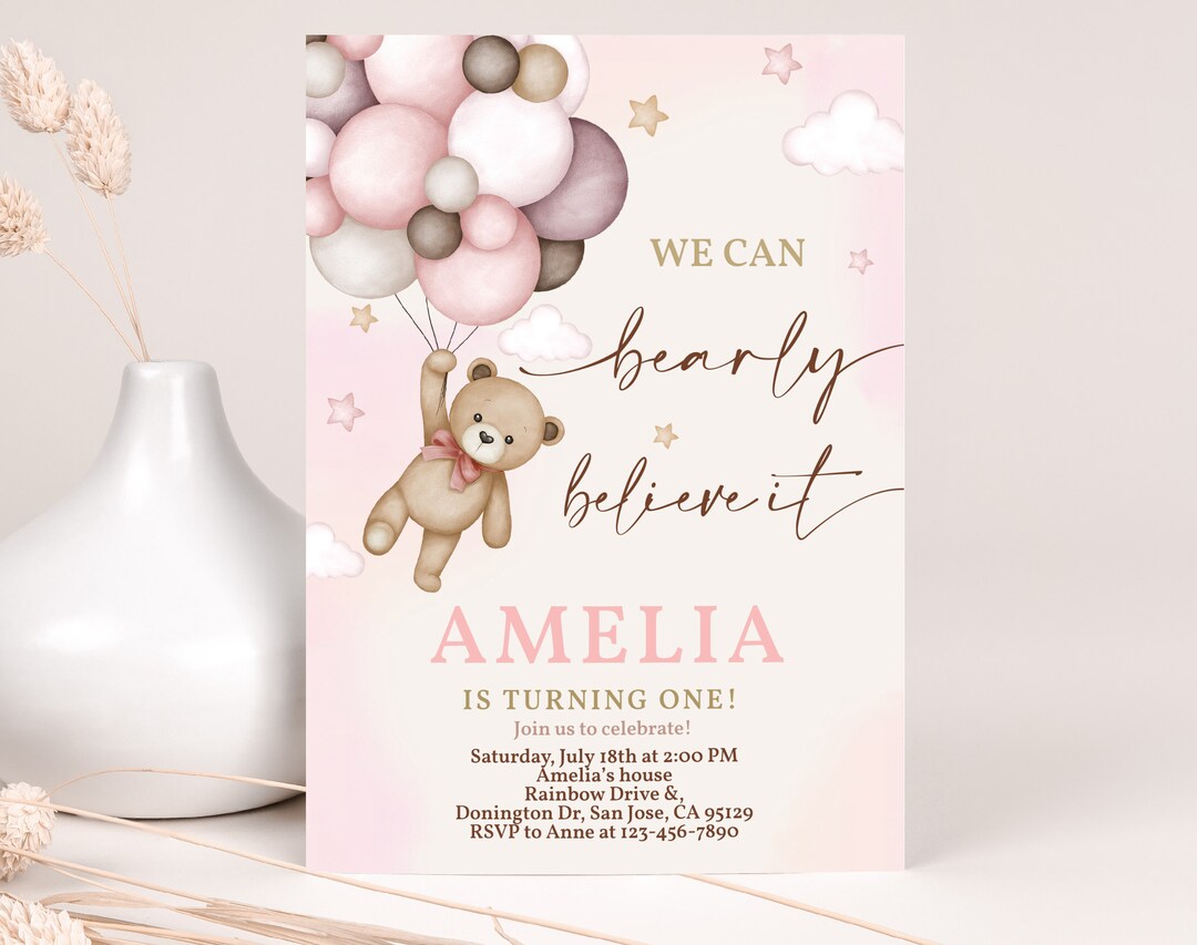 Teddy Bear Birthday Invitation First 1st Party Invite Girl Any Age We ...