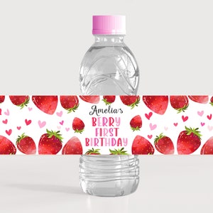 Strawberry Water Bottle Label Berry First Birthday Drink Labels Girl ...