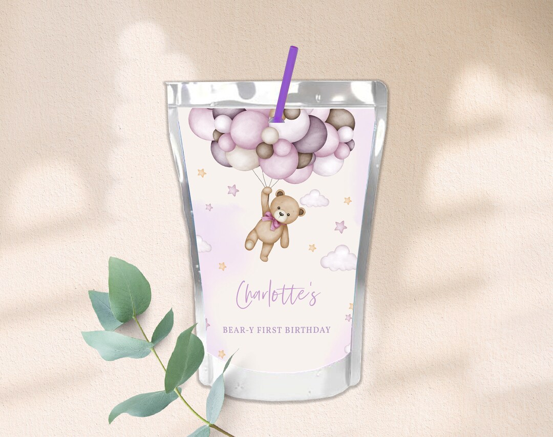 Teddy Bear Capri Sun Labels Purple Balloons Juice Pouch Girl 1st First ...