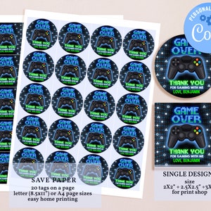 Video Game Birthday Gift Tag Boy Gamer Party Thank You Stickers Green ...
