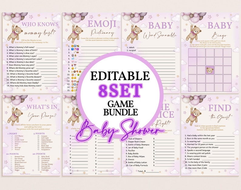 Teddy Bear Baby Shower Games Set Girl Fall Baby Shower Bundle - Etsy