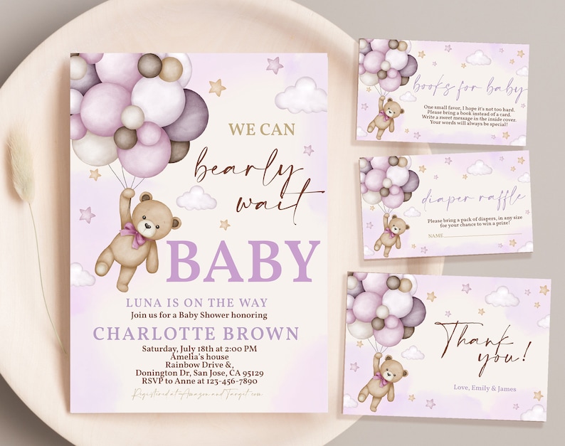 We Can Bearly Wait Baby Shower Invitation Bundle Cute Purple - Etsy