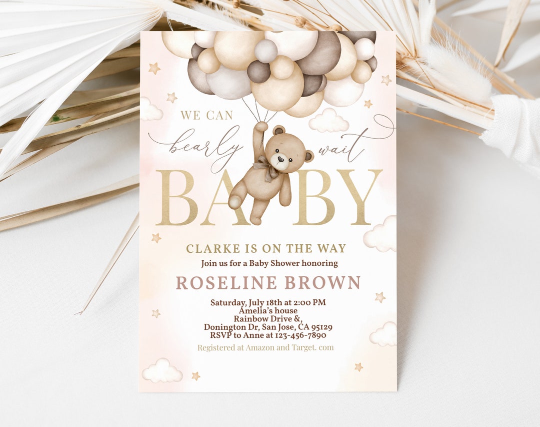 Teddy Bear Baby Shower Invitation We Can Bearly Wait Tan Gold Brown Pampas Grass Boho Beige ...
