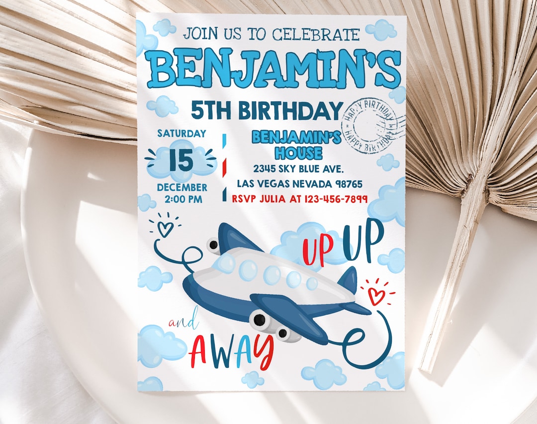Airplane Birthday Invitation Party Boy Plane Invite up up Away Clouds ...