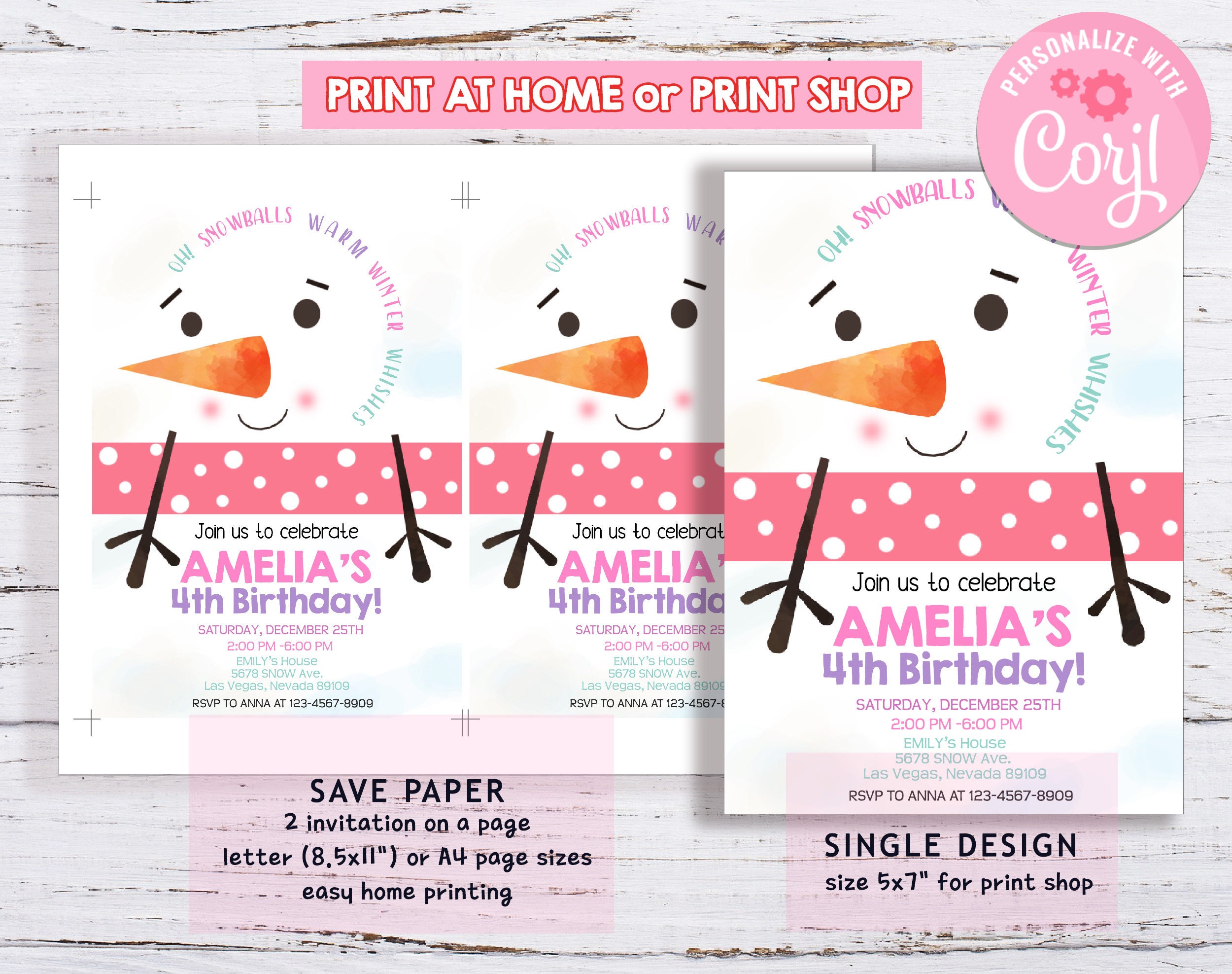 Pink Snowman Birthday Invitation, Christmas Winter Holiday, Snow Much ...