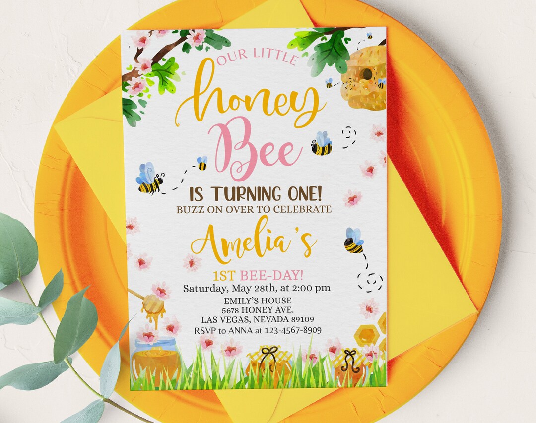 Bee Invitation Birthday Party Invites Honey Busy Bumble Day First 1st ...