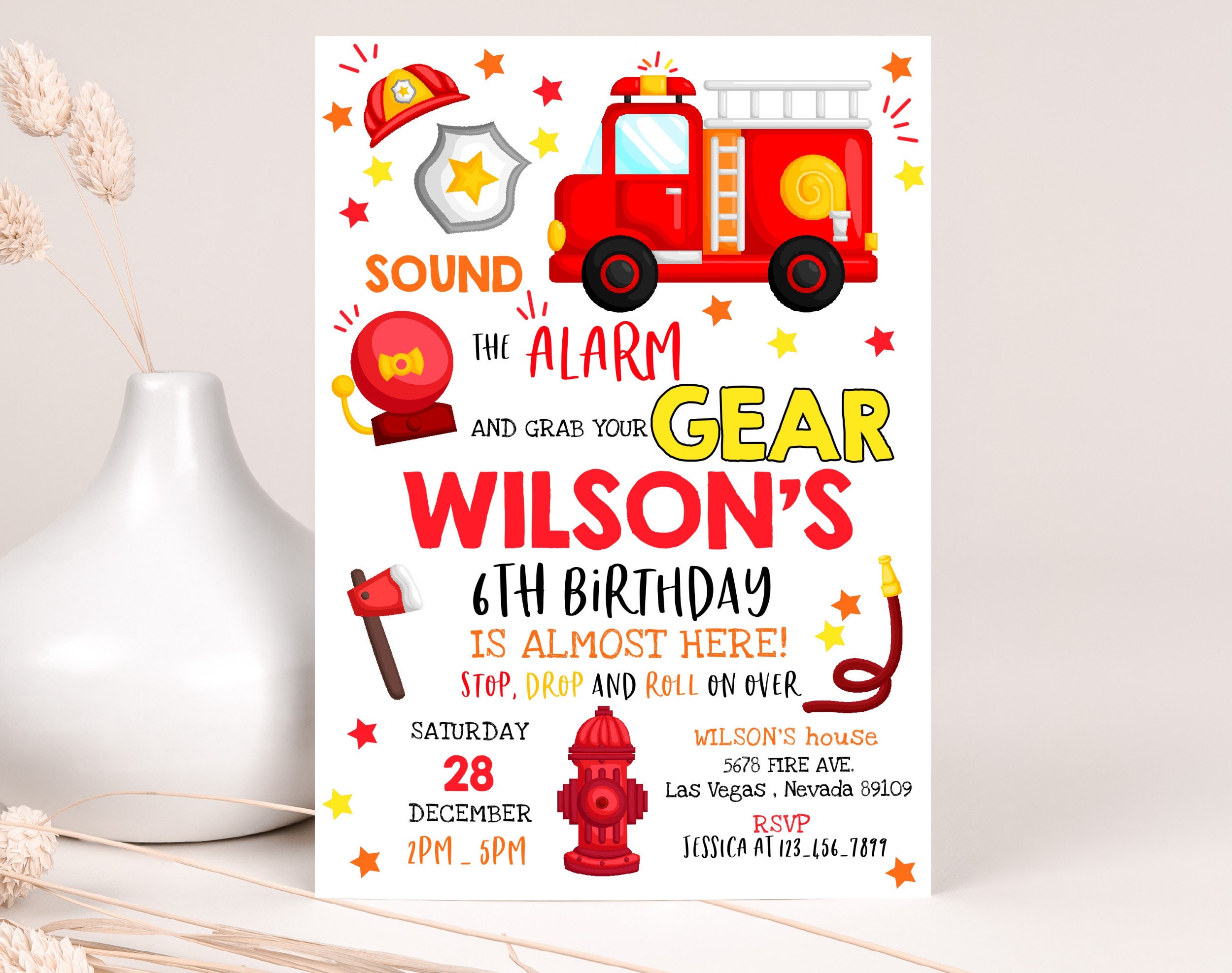Firetruck Birthday Invitation Firefighter Birthday Invite Fireman Party ...