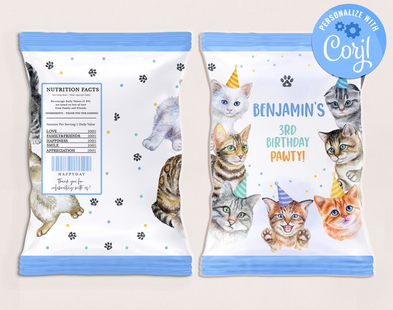 Cat Birthday Chip Bag Labels Boy 1st Birthday Decor Blue Kitty Cat ...