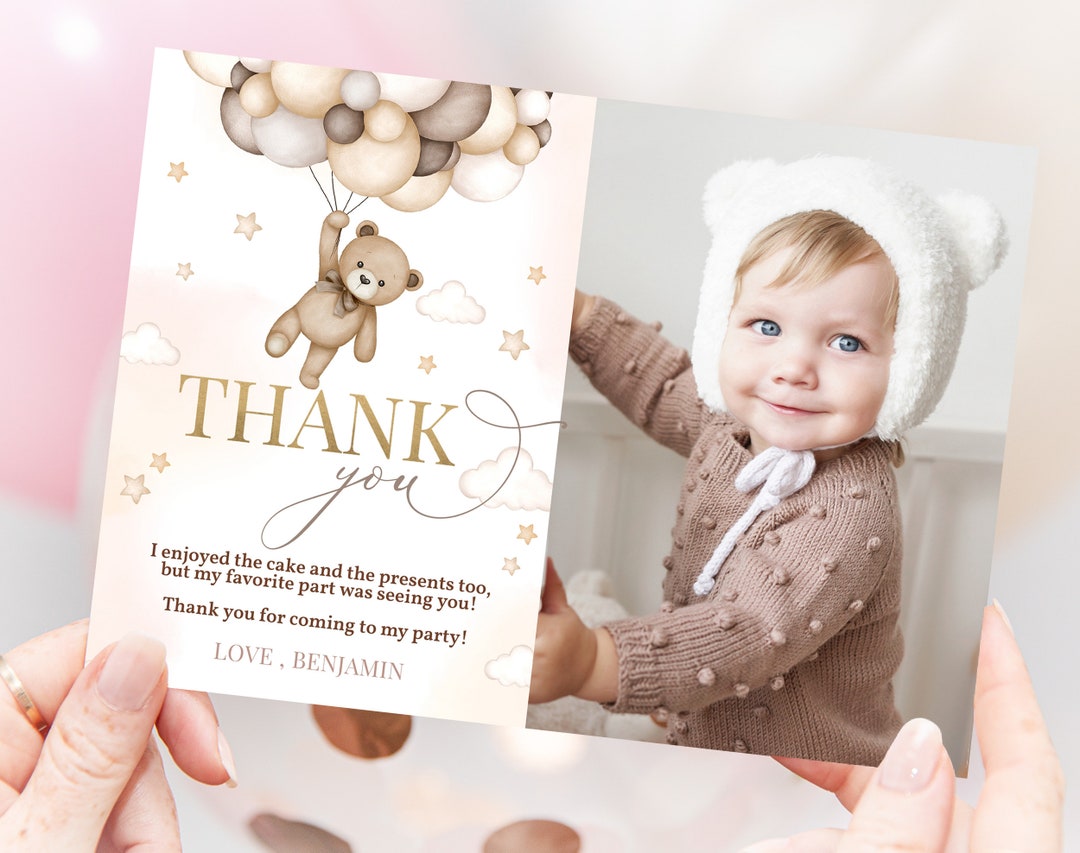 Teddy Bear Photo Thank You Card Girl Boy 1st Birthday Party Thank You ...