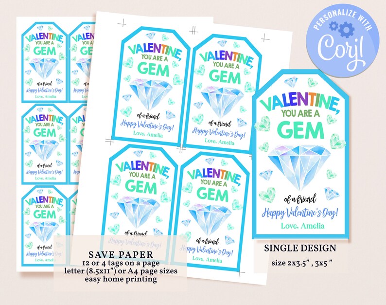 Valentine Tag You're A Gem Best Friend Happy Valentines Day Gift Tags ...