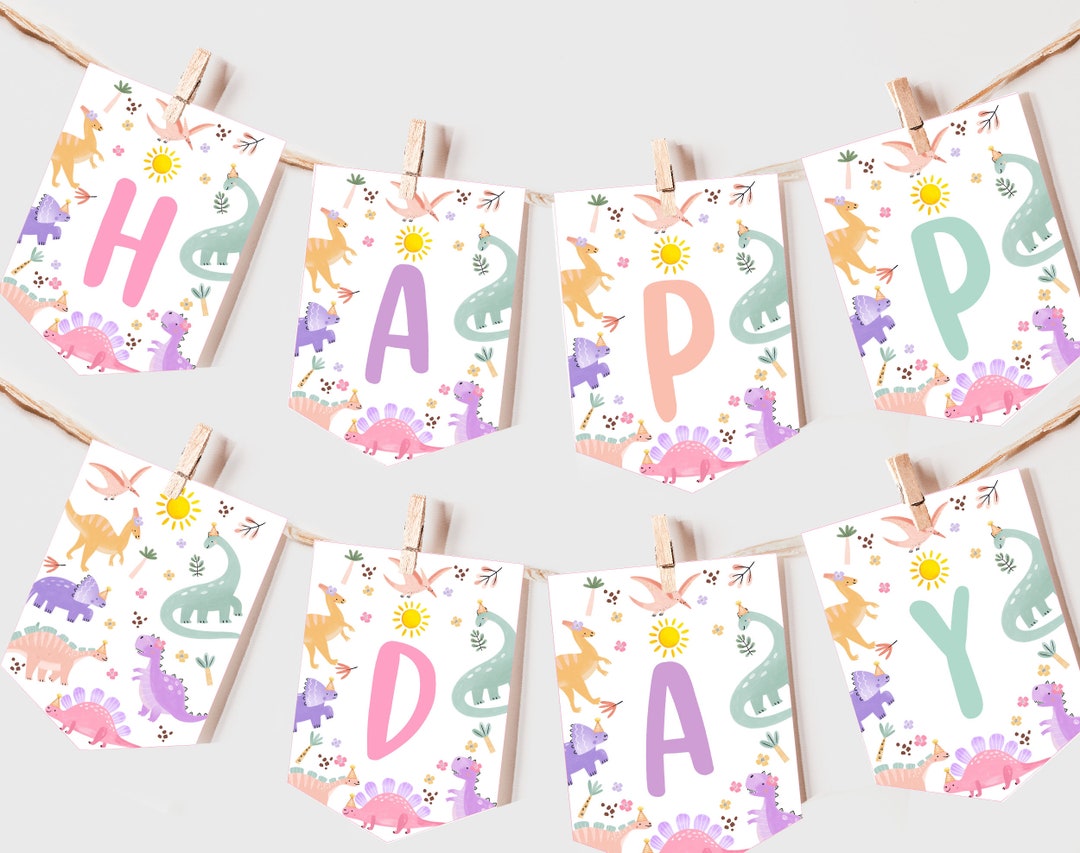Pastel Dinosaur Birthday Banner Girl 1st Birthday Party Decor Cute Dino ...