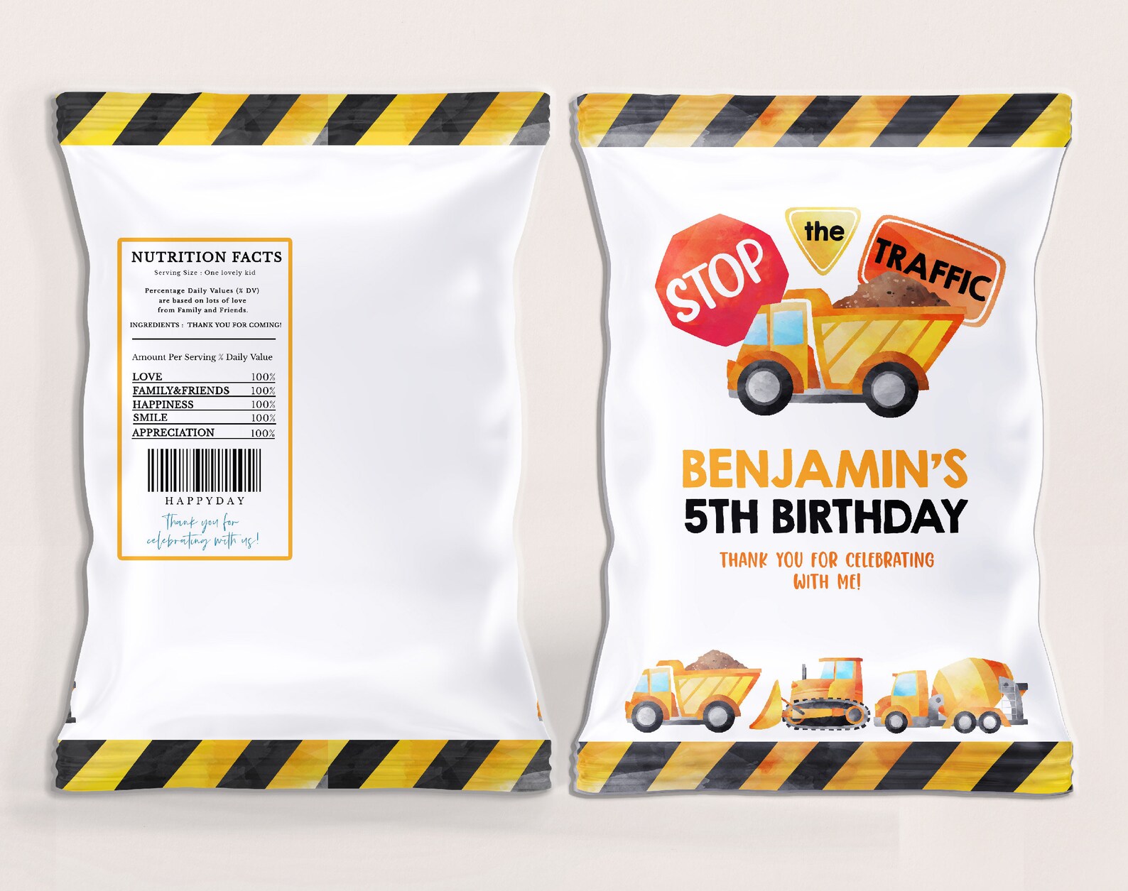 Printable Construction Chip Bag Traffic Digger Treats Bag Boy Birthday ...