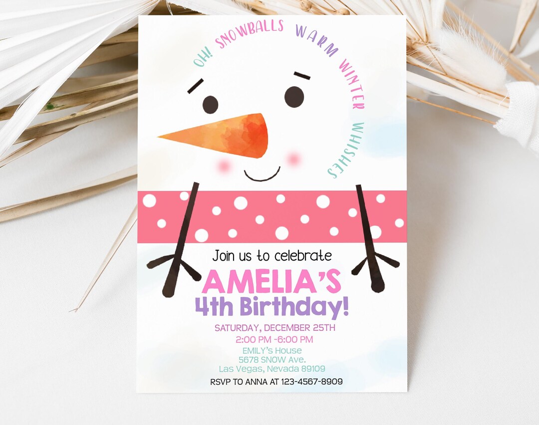 Pink Snowman Birthday Invitation, Christmas Winter Holiday, Snow Much ...
