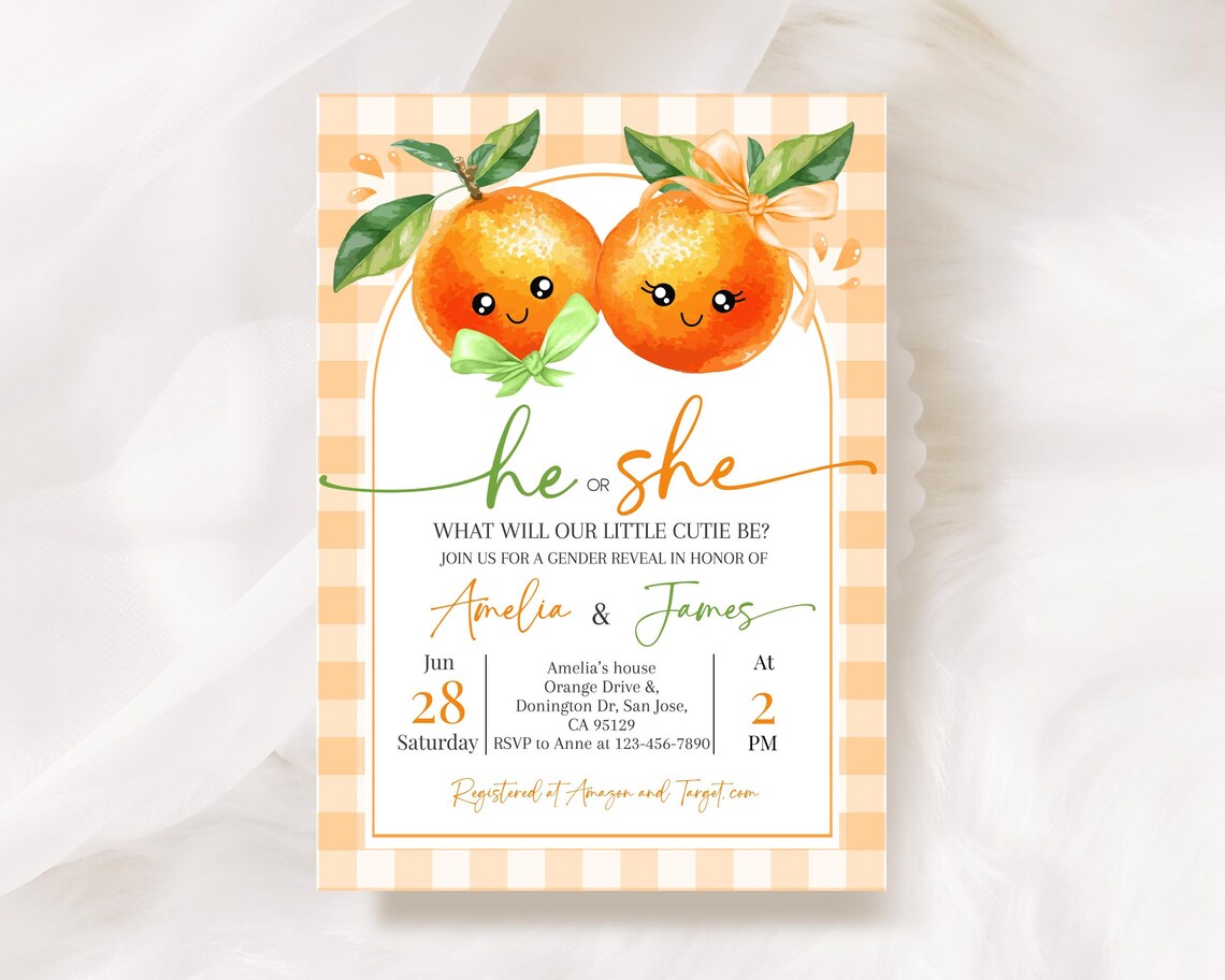 Orange Gender Reveal Invitation A Little Cutie is on the Way Citrus ...